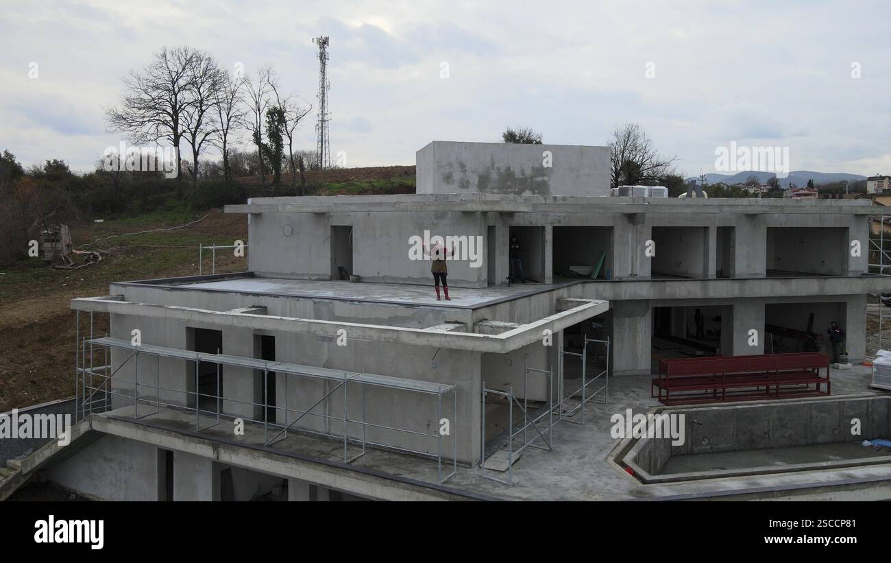 Construction site. Construction of Villa mansion. Tower formworks ...