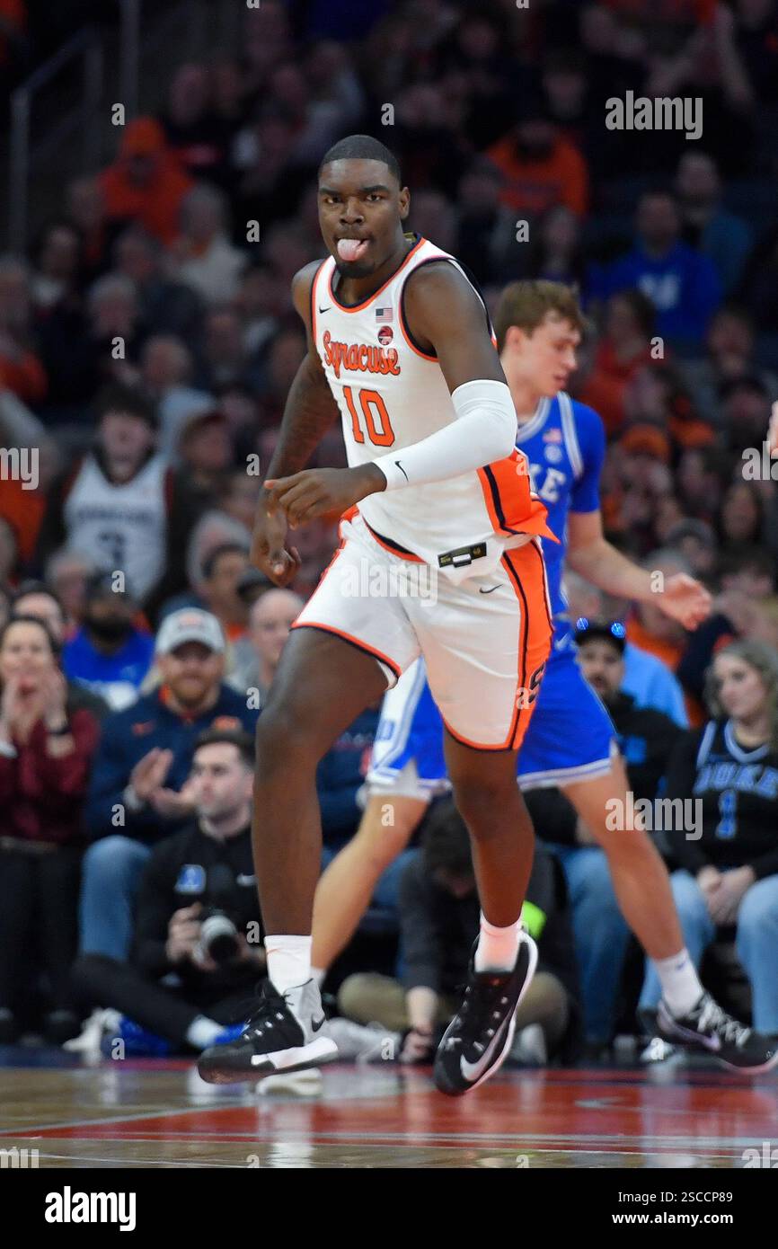 Syracuse center Naheem McLeod (10) reacts during the first half of an ...