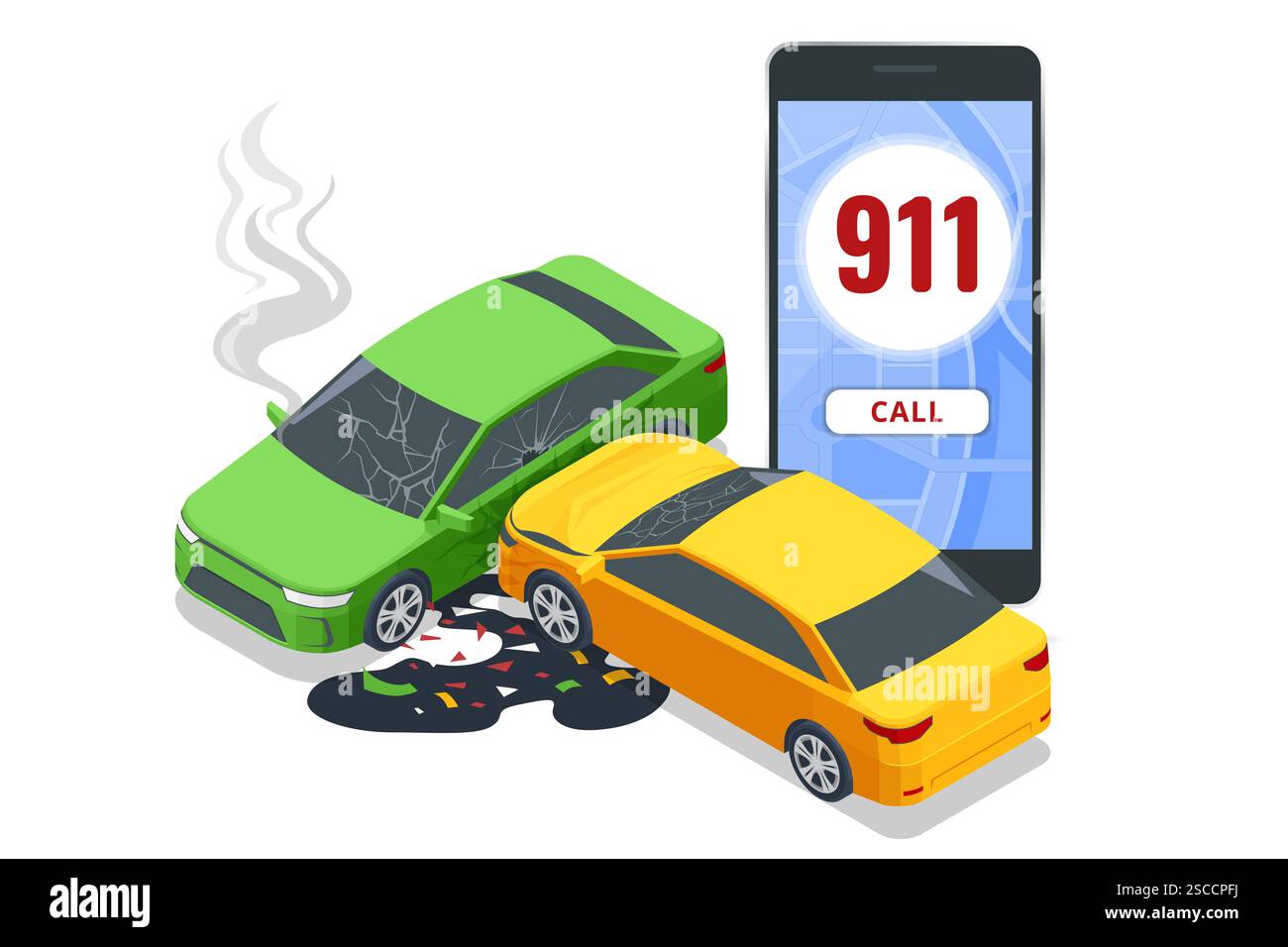 Car crash. Isometric vector illustration of a car accident with two ...