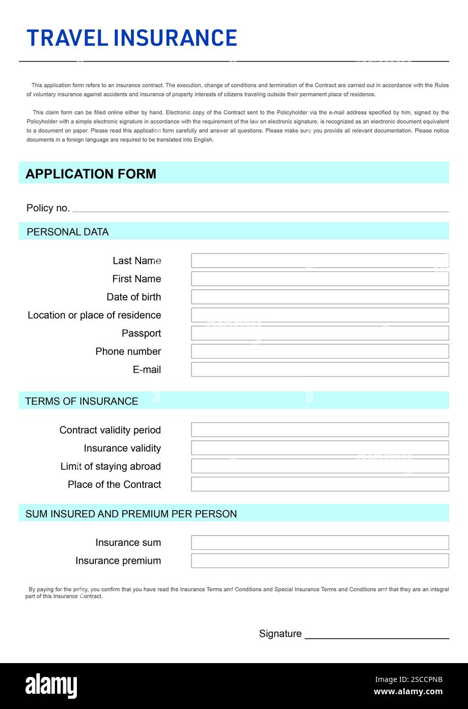 Travel insurance application form with places to fill in Stock Photo ...