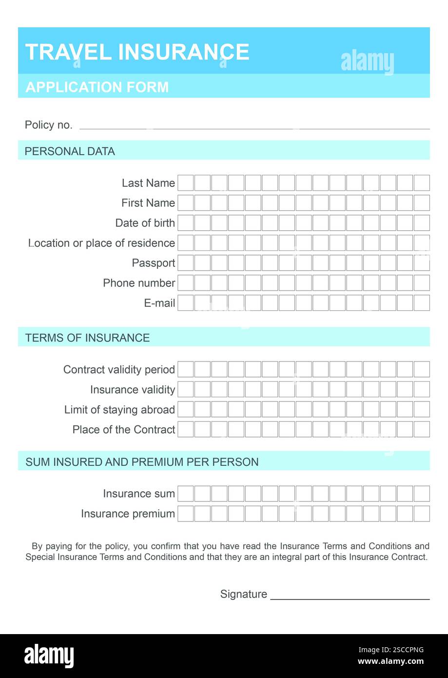 Travel insurance application form with places to fill in Stock Photo ...