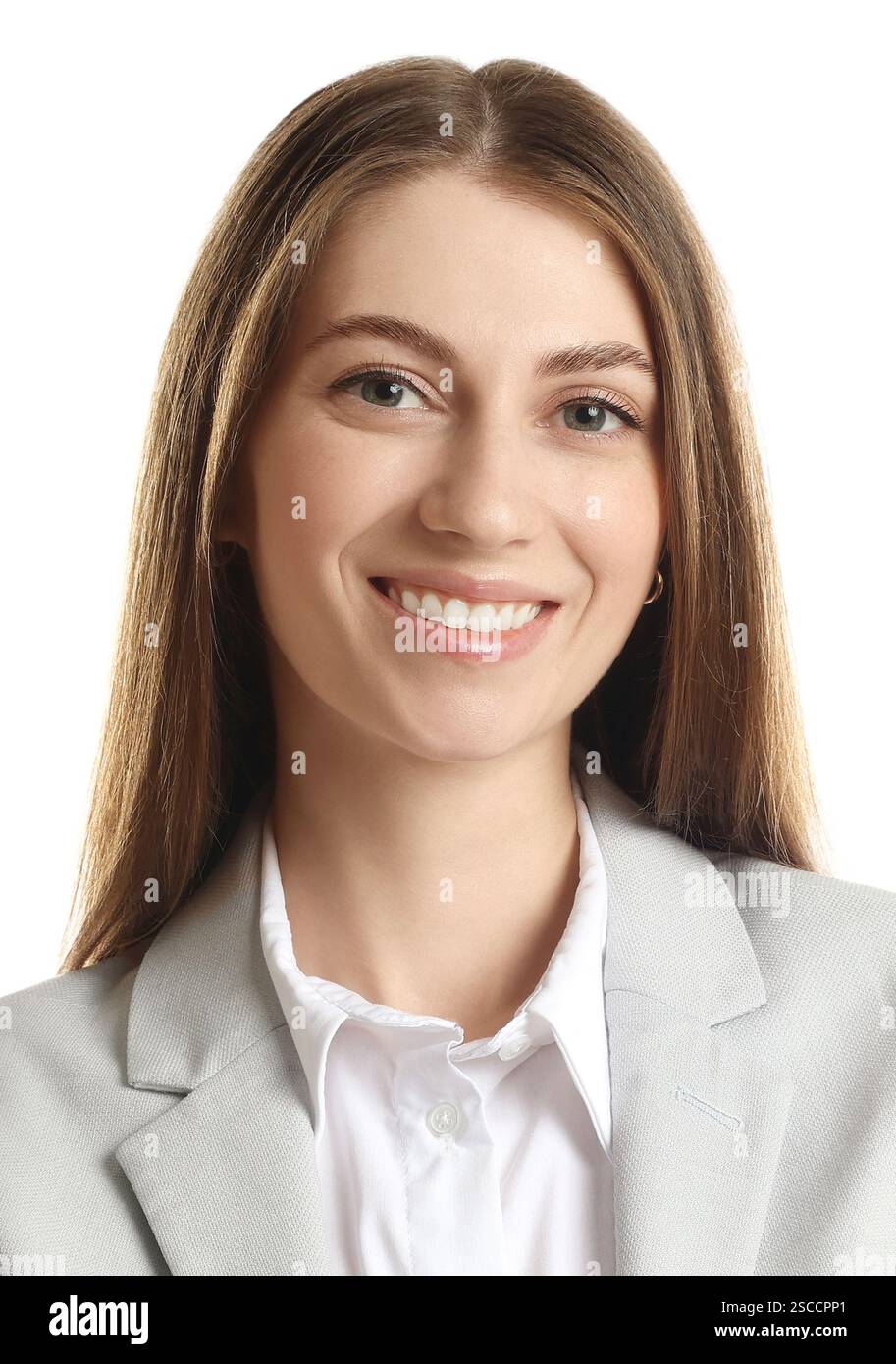 Passport photo. Portrait of woman on white background Stock Photo - Alamy