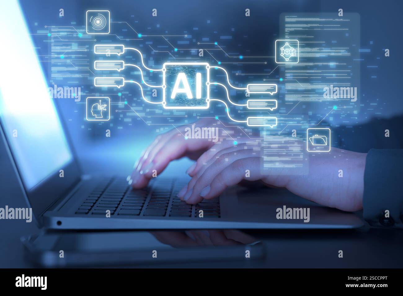 Artificial intelligence. Woman using laptop at table, closeup. Scheme ...