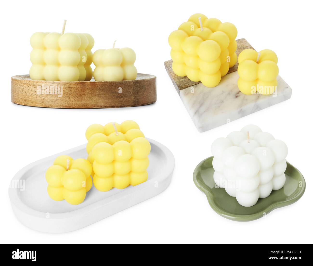 Different beautiful bubble candles on white background, collage Stock ...