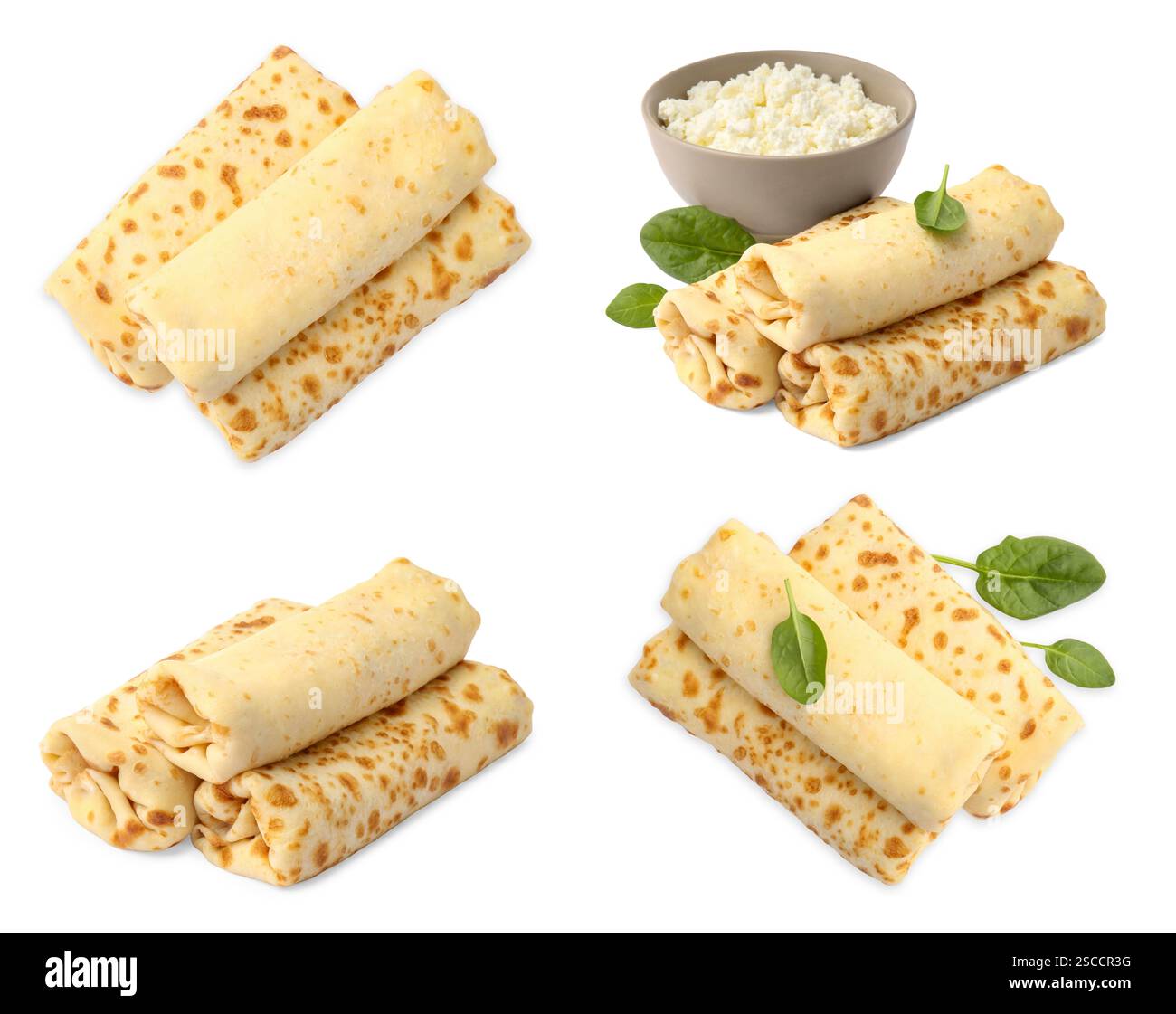 Delicious rolled stuffed crepes isolated on white, set Stock Photo - Alamy