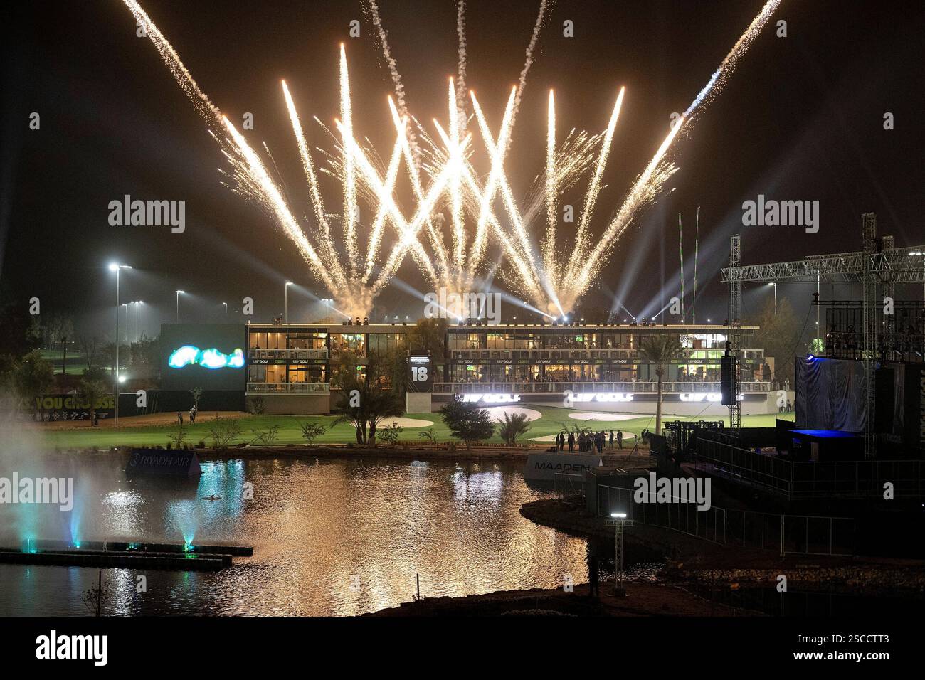 A general view of a fireworks show seen over the 18th hole to start the ...