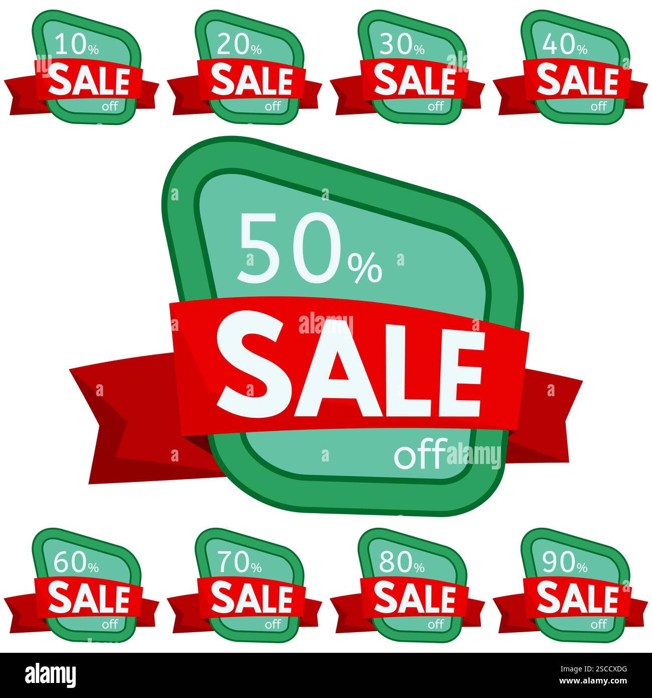 Set of discount stickers.Green badges with red ribbon for sale 10 - 90 ...