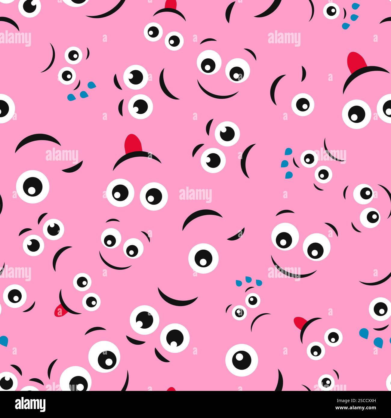 Cartoon faces with emotions. Seamless pattern with different emoticons on pink background ...