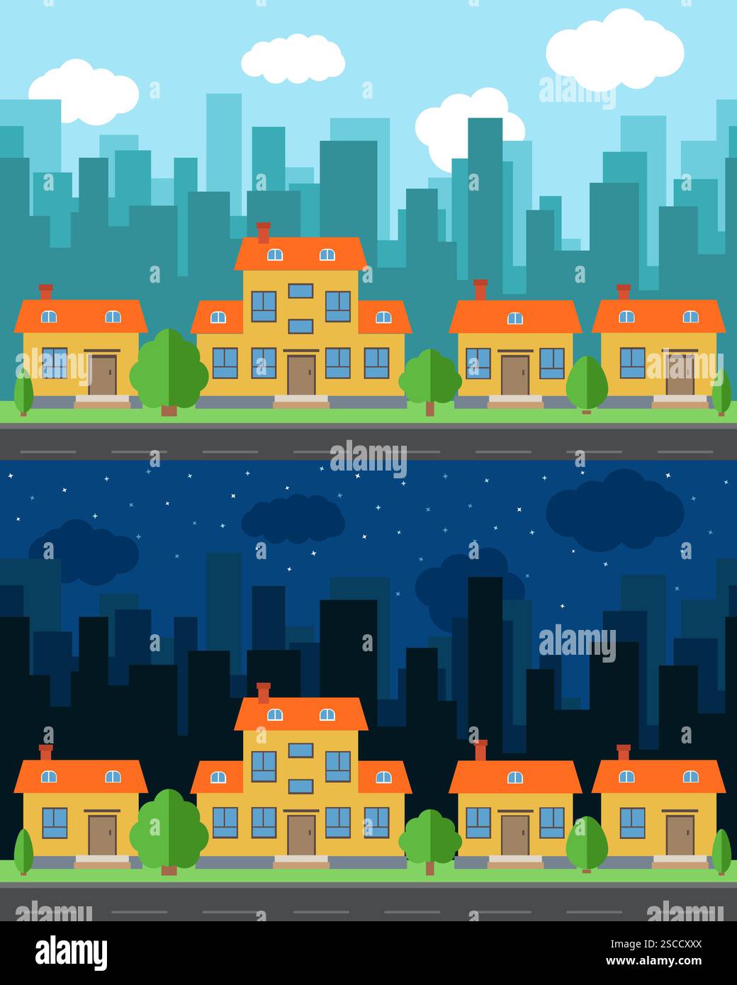 Flat style houses road Stock Vector Images - Alamy