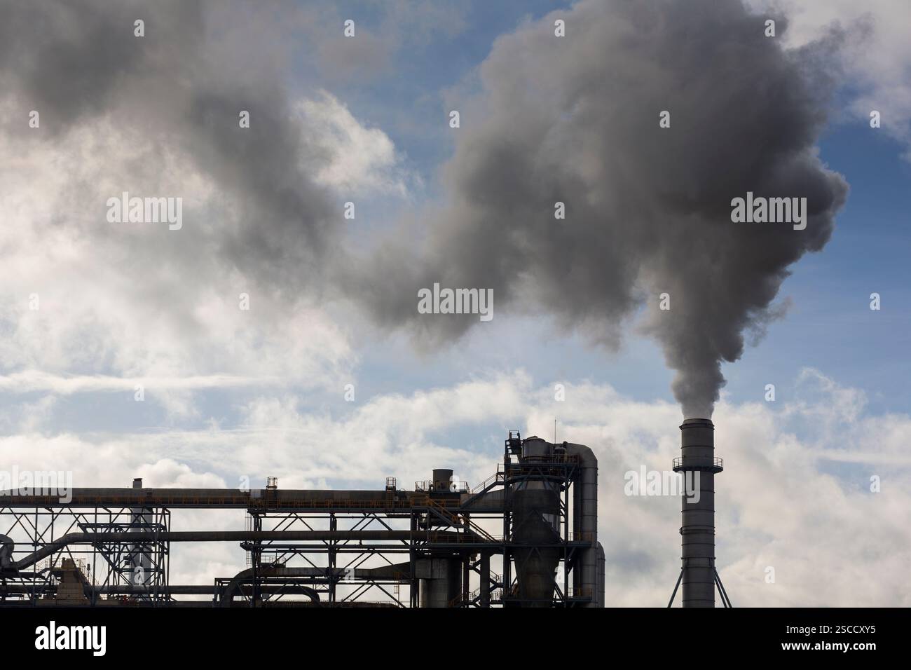 Chimney of a wood processing plant. Chimney with white smoke in a blue ...