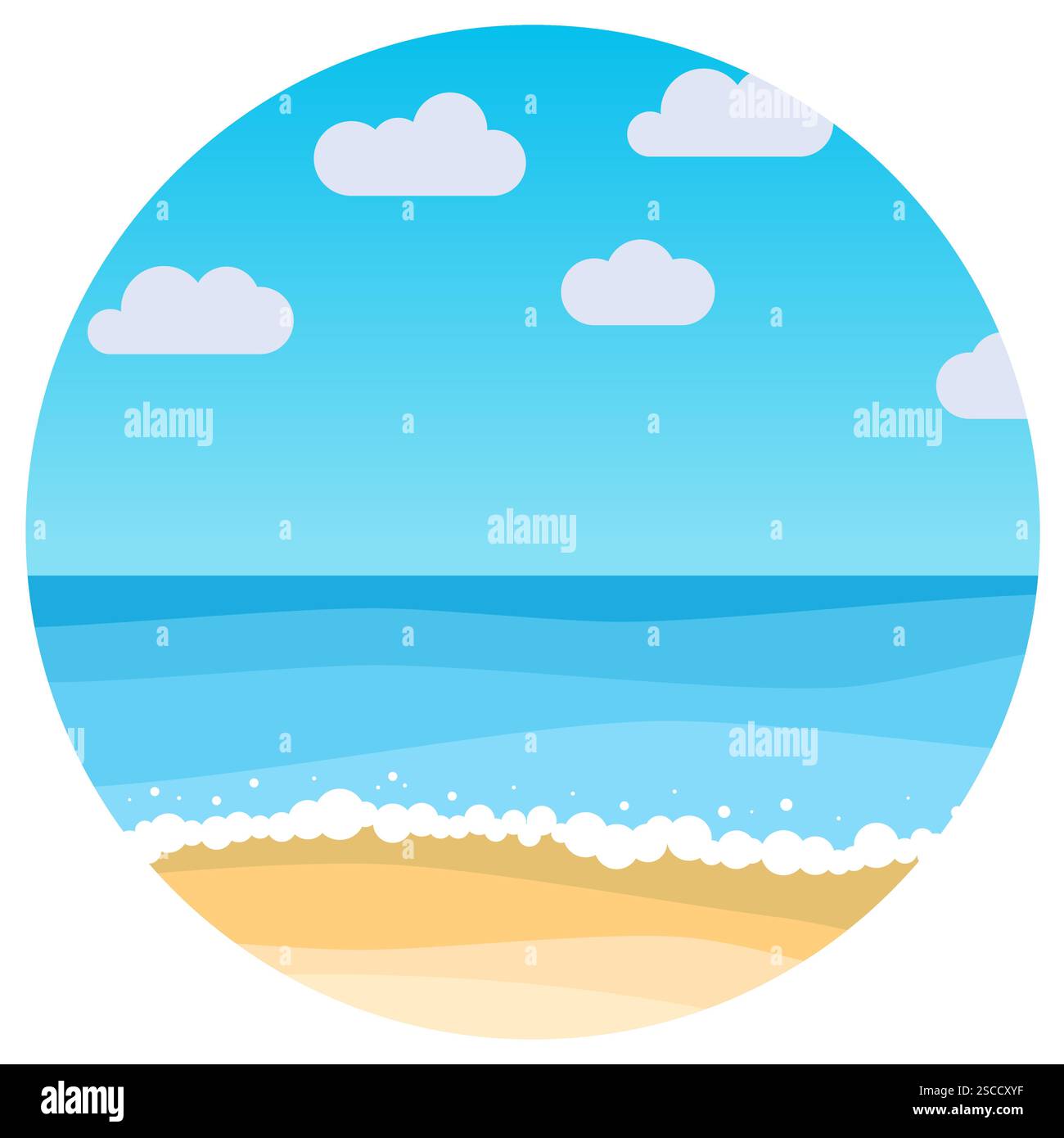 Vector landscape with summer beach in circle. Waves of the sandy beach ...