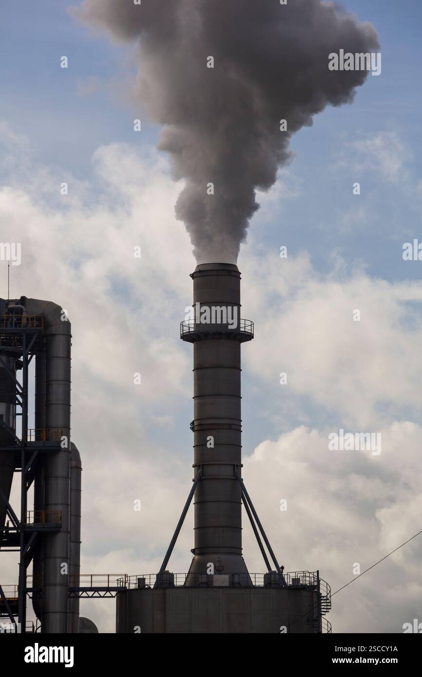 Chimney of a wood processing plant. Chimney with white smoke in a blue ...