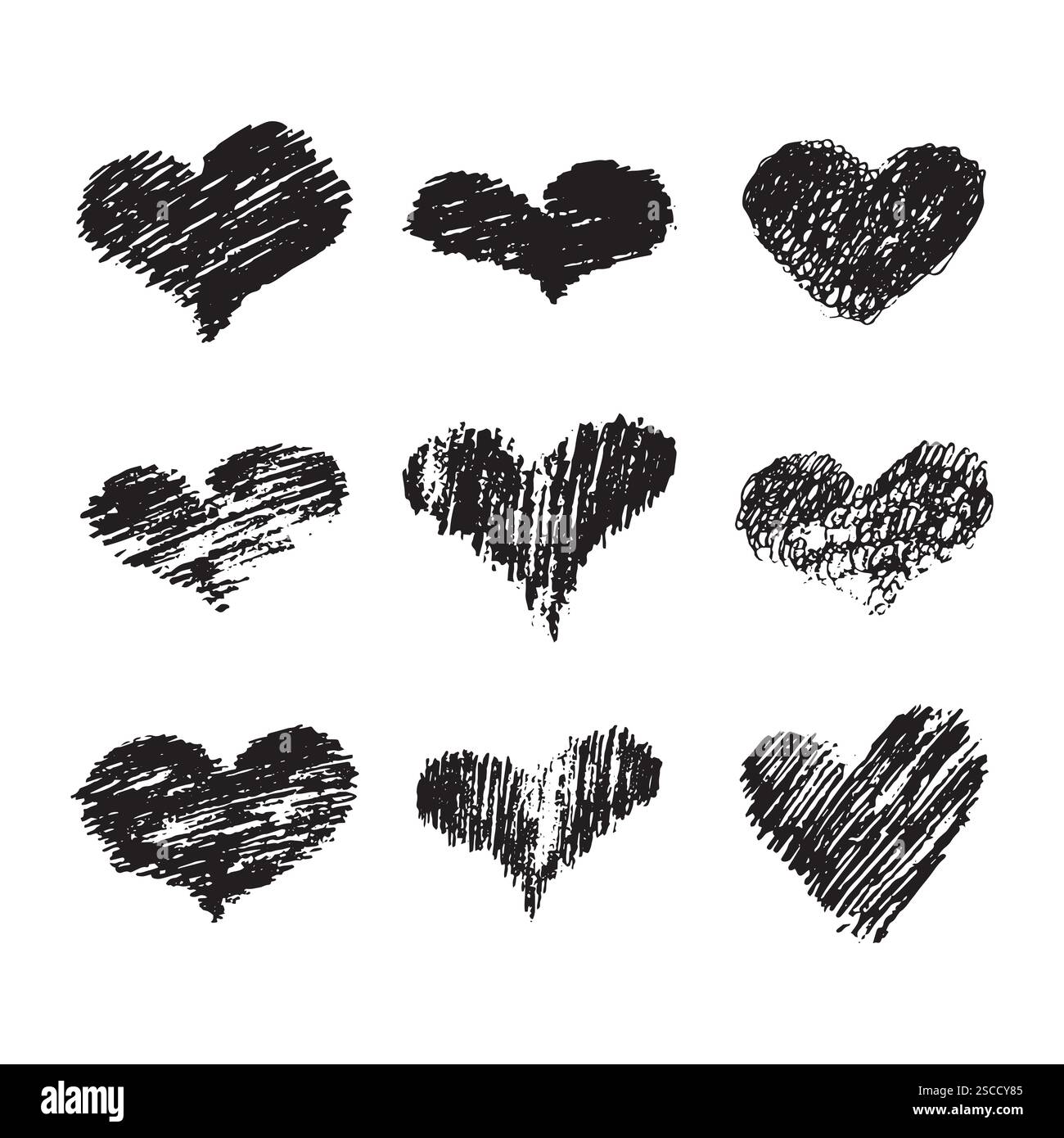Set of nine Sketch Scribble Hearts. Hand drawn Pencil Scribble Hearts ...