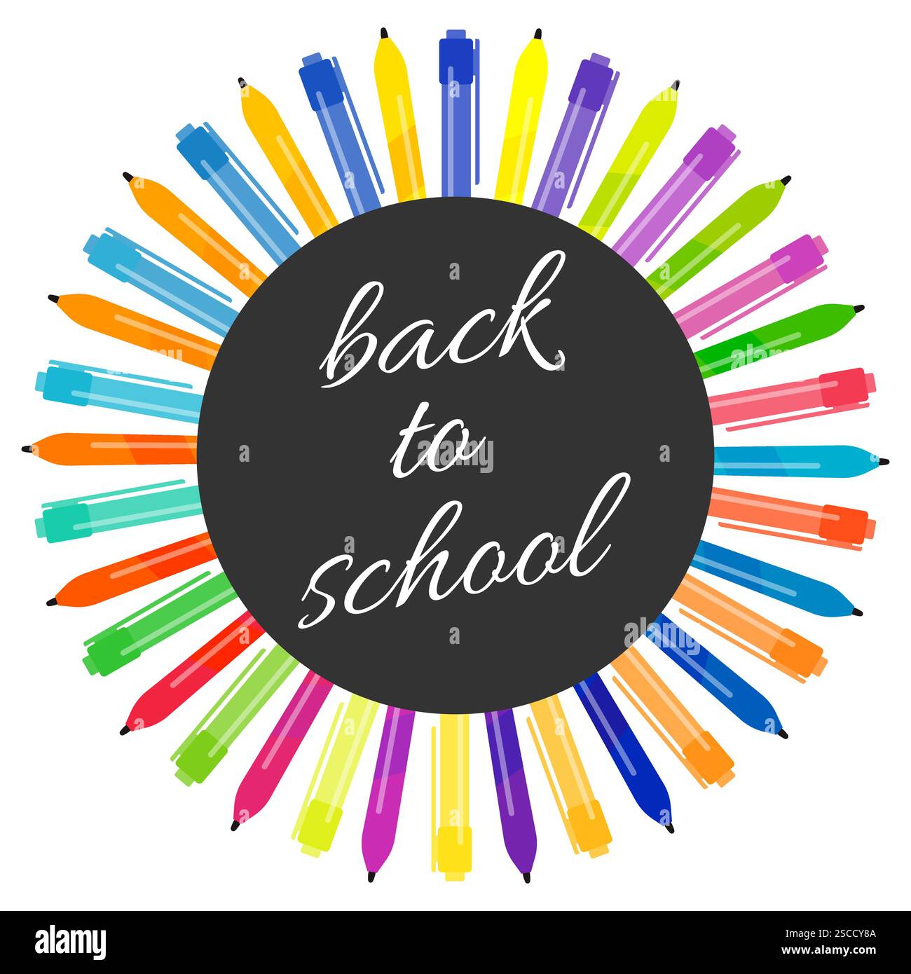 A set of multi-colored pens placed in a circle and an inscription of ...