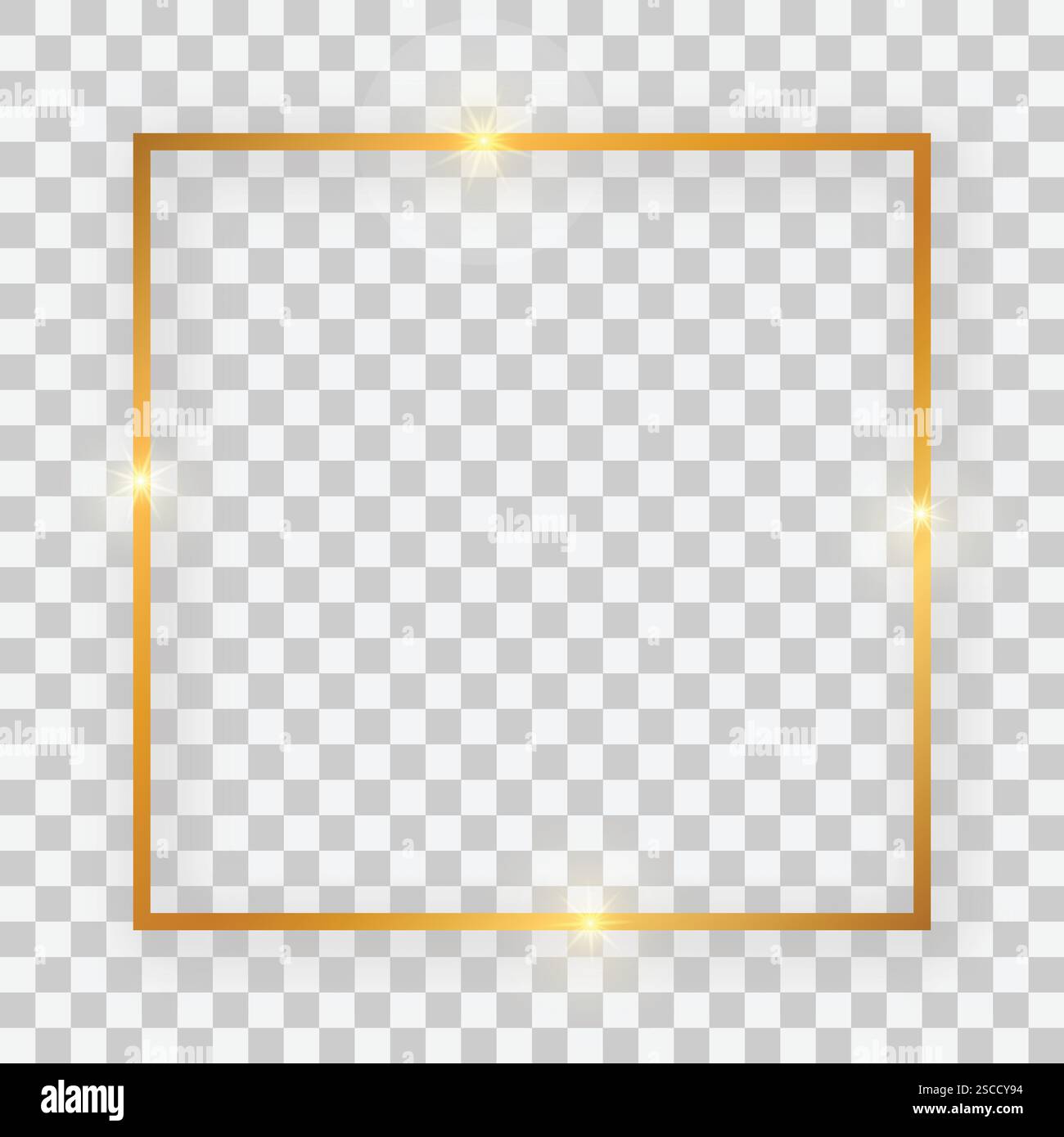 Gold shiny square frame with glowing effects and shadows on transparent ...