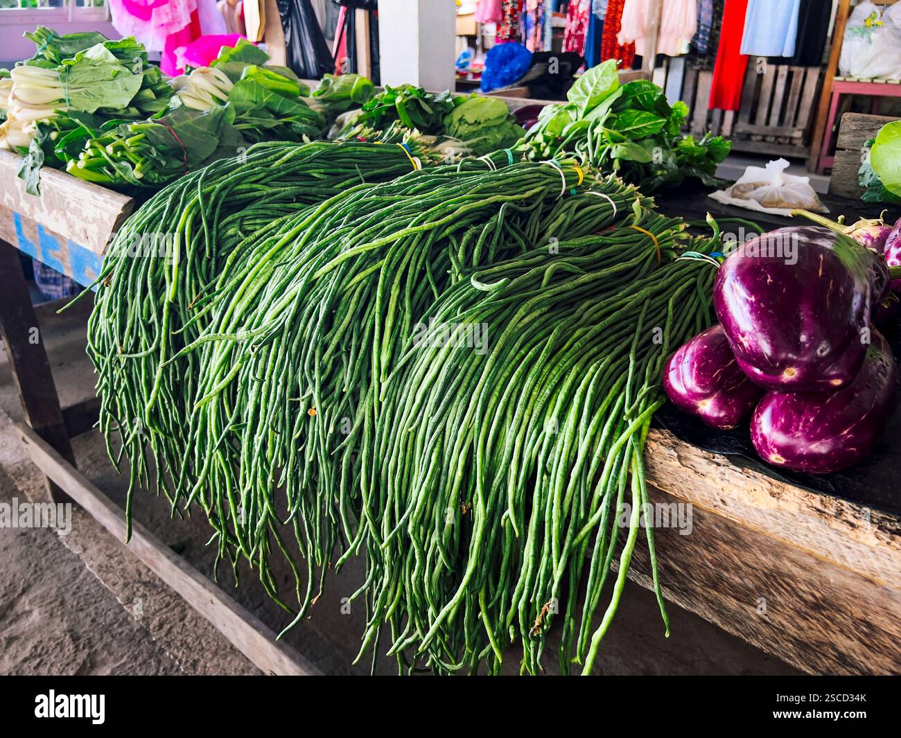 Vegetable stand in Guyana, featuring bora, a long, slender green bean ...