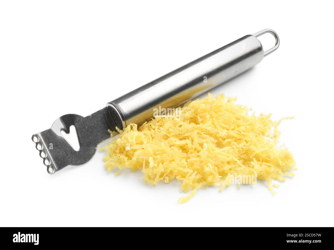 Fresh lemon zest and zester tool isolated on white Stock Photo - Alamy