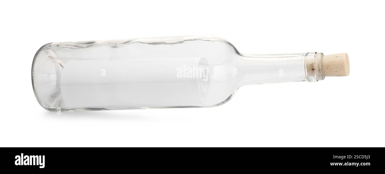 Corked glass bottle with rolled letter in air isolated on white Stock ...