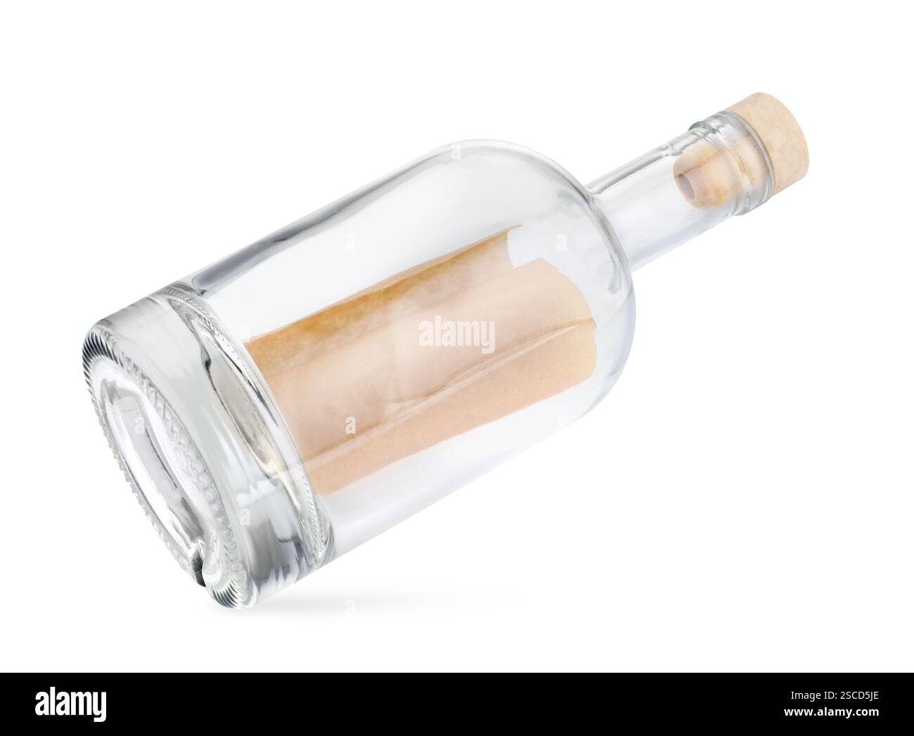 Corked glass bottle with rolled letter in air isolated on white Stock ...
