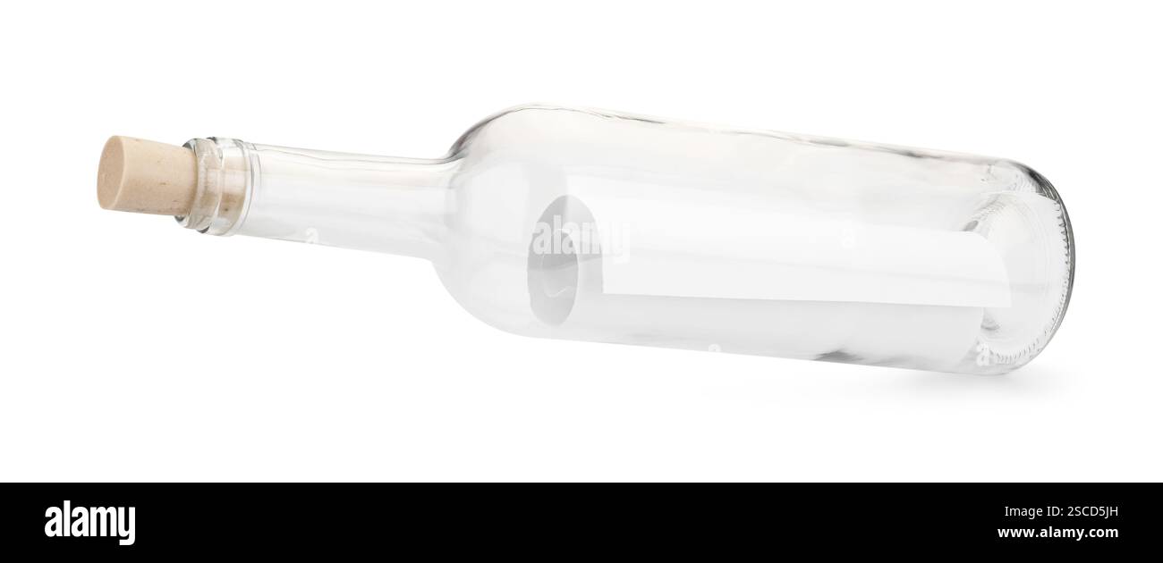 Corked glass bottle with rolled letter in air isolated on white Stock ...