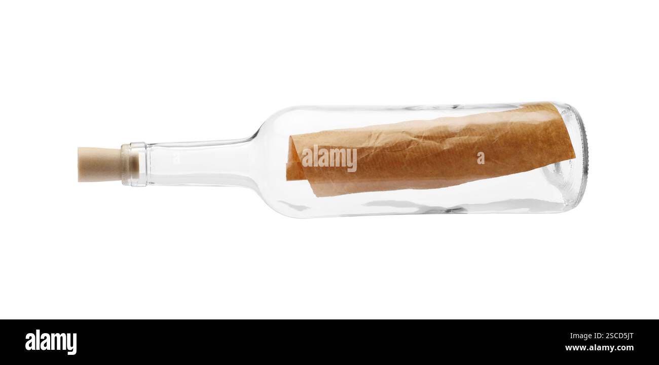 Corked glass bottle with rolled letter isolated on white Stock Photo ...