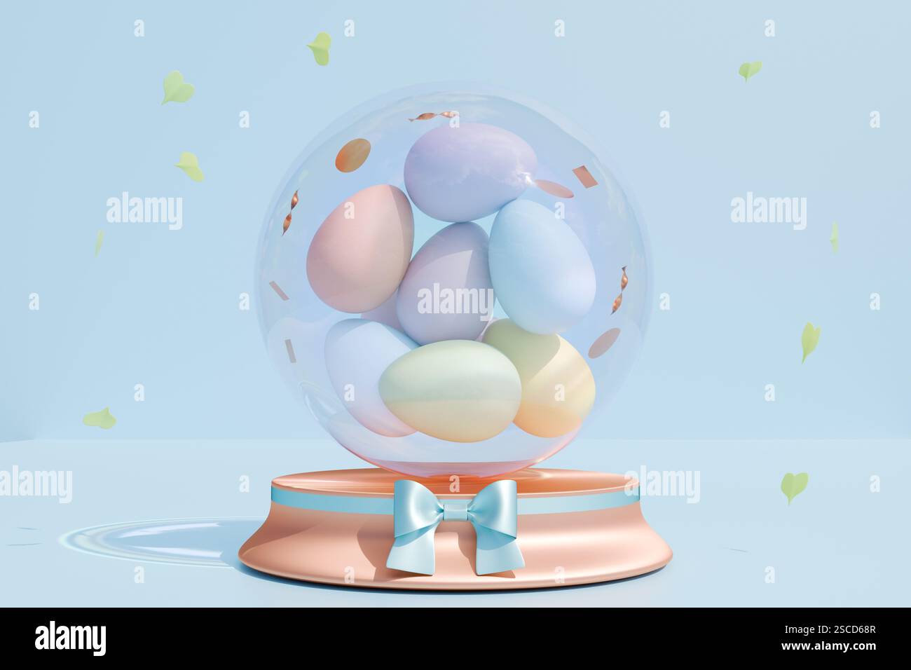 Easter glass dome filled with pastel colored eggs on a light blue ...