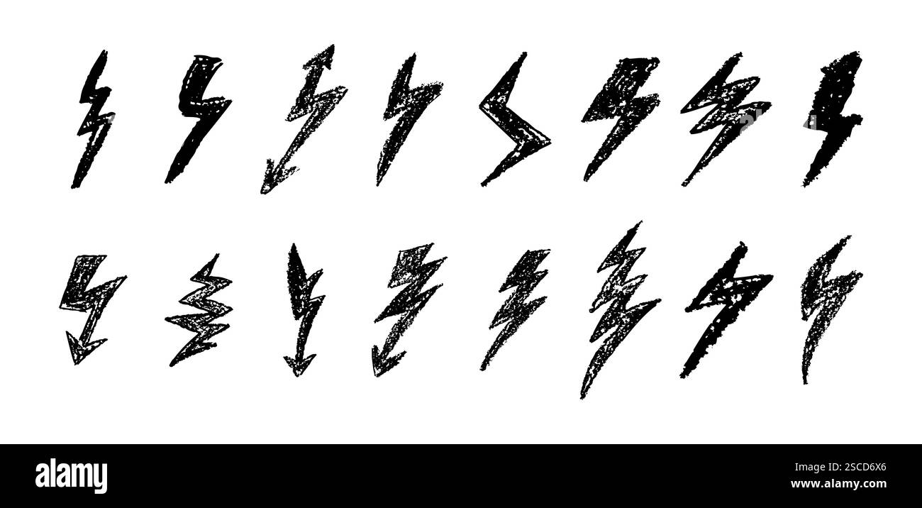 Set of lightning by wax pen drawing. Collection of handdrawing chalk ...