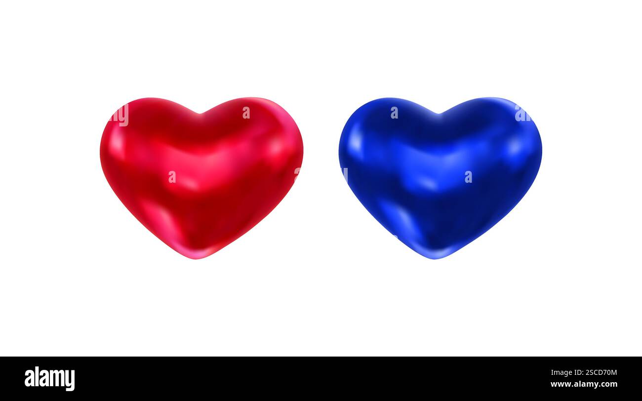Pair of glossy red and blue 3d hearts. Symbols of love, romantic ...