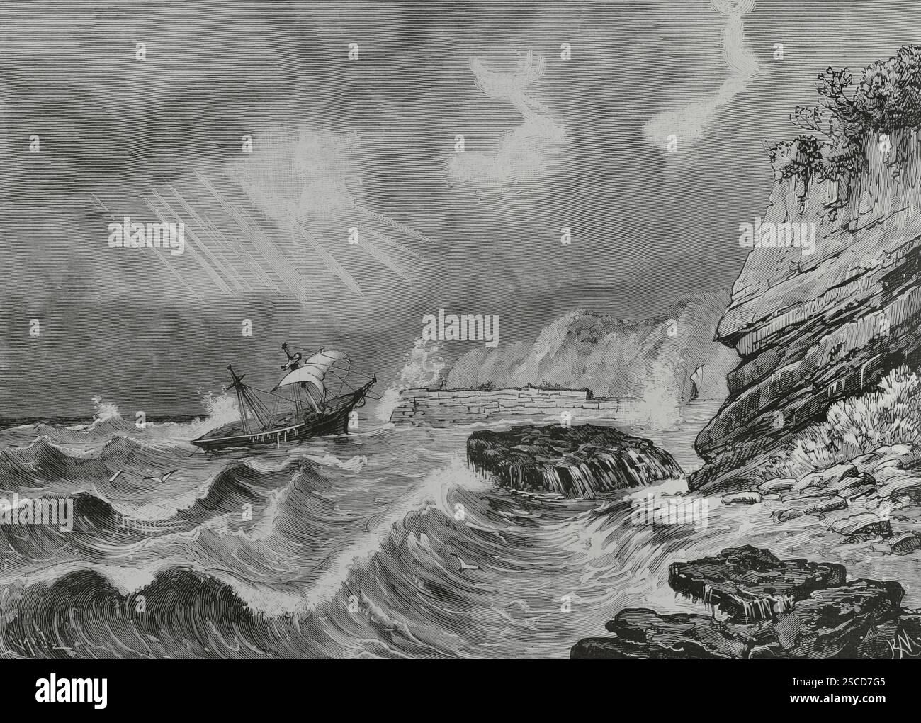 Port of Laredo (Cantabria, Spain). Engraving by Capuz from an 1883 ...