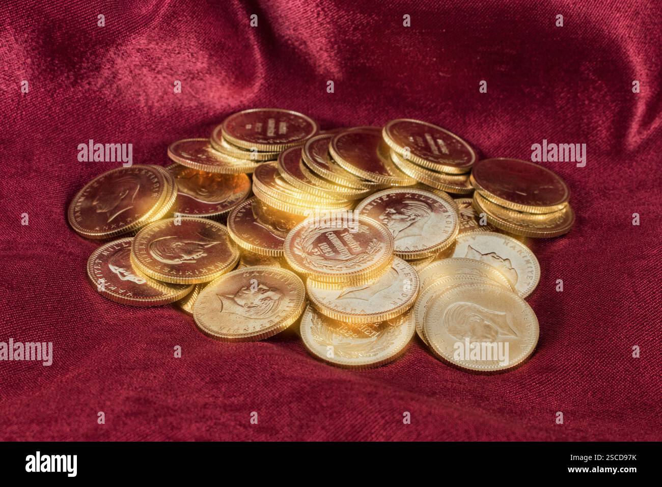 Stacks of Turkish gold coins. Investment and finance concept, stacks of ...