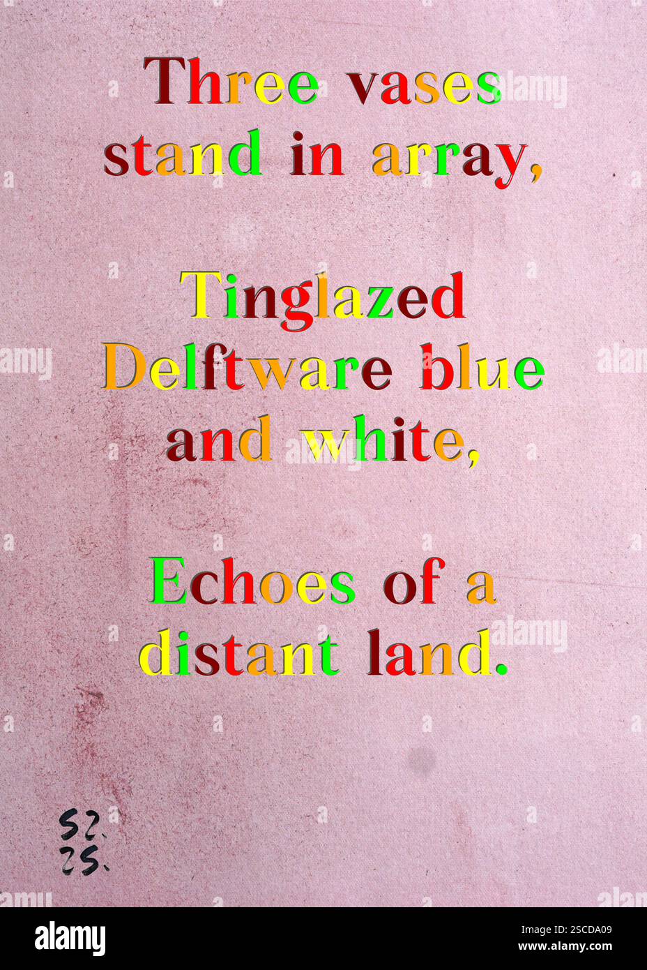 Three vases stand in array, Tinglazed Delftware blue and white, Echoes ...