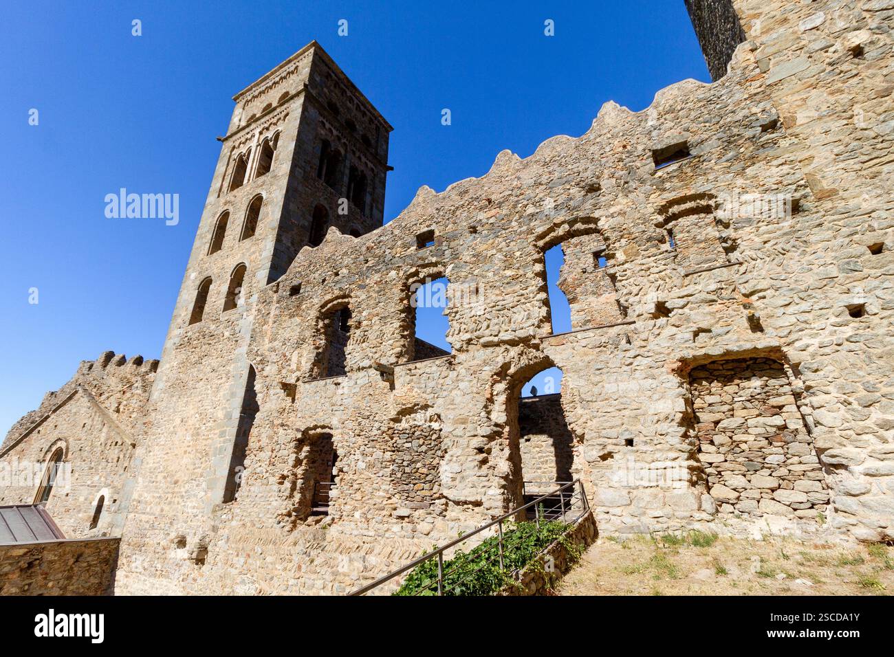 Tower of the monastery o Sant Pere de Rodes. Spain, Catalonia, Port de ...