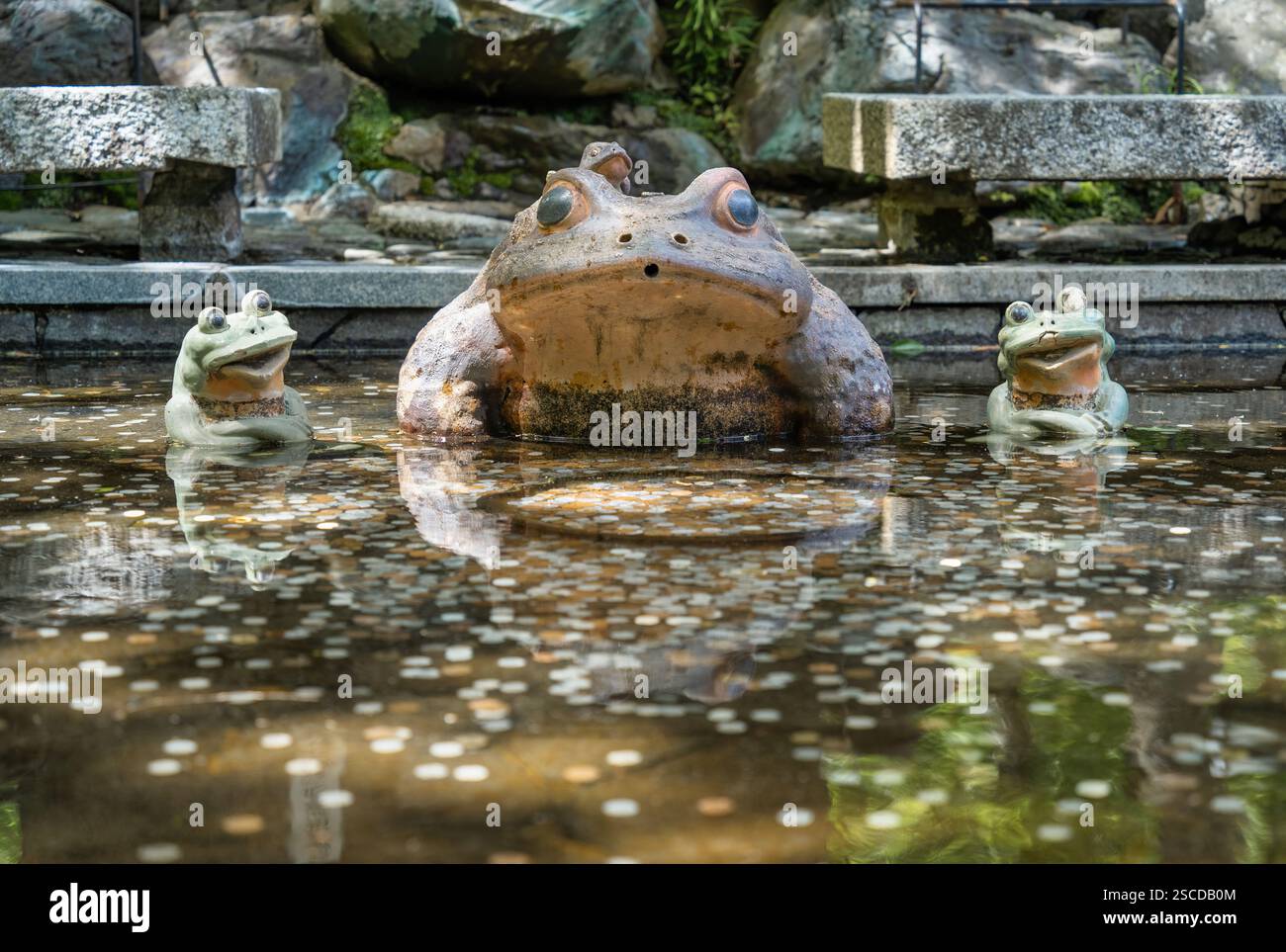 Small pond with many coins and a frog statue in a japanese garden ...