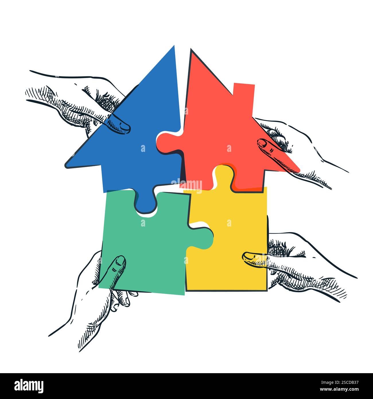 Human hands joining house shape colorful puzzle. Vector hand drawn ...