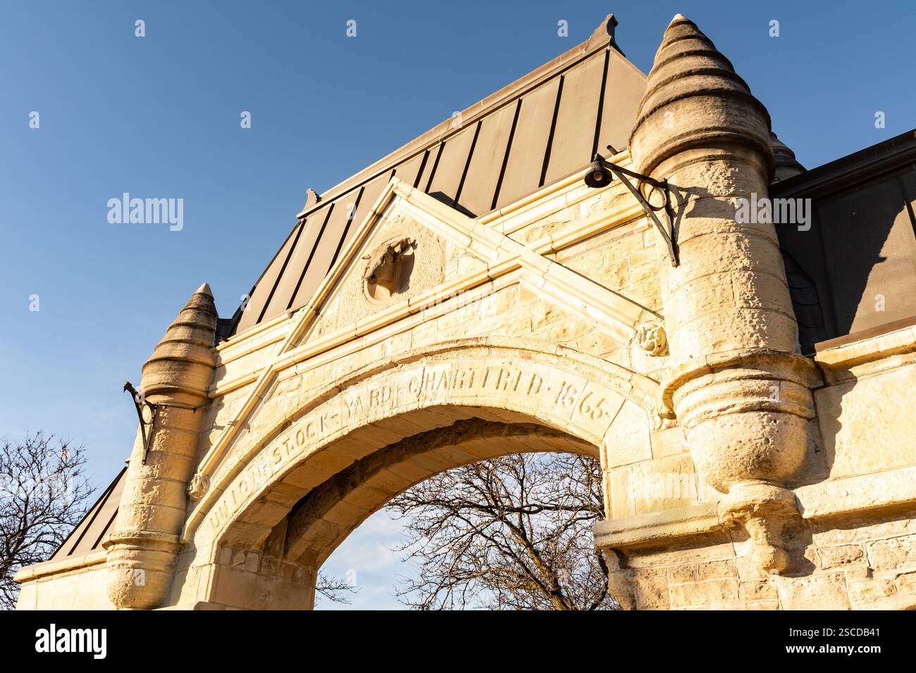 Old stone entrance to the historic union stockyard in what is now known ...