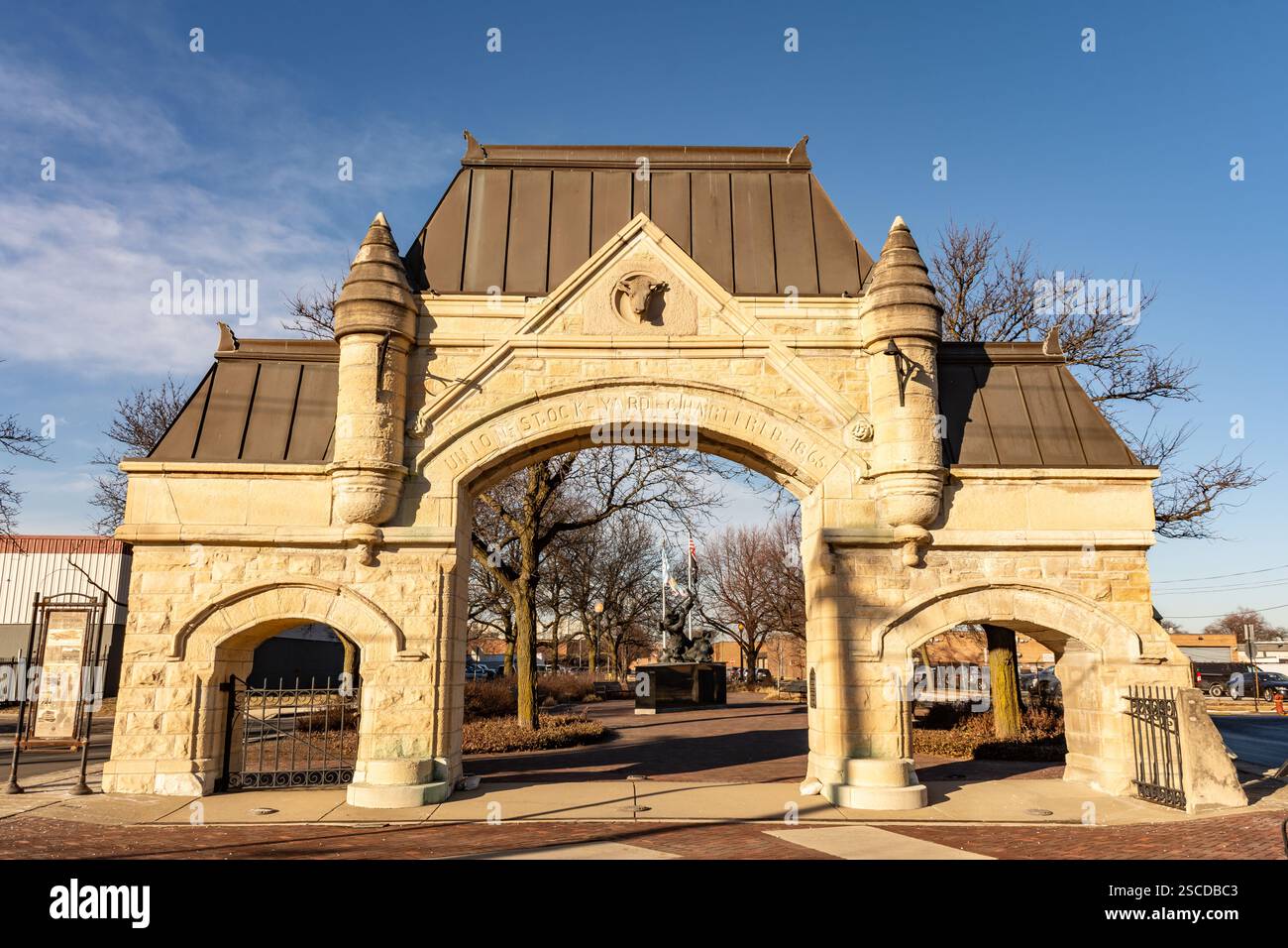 Old stone entrance to the historic union stockyard in what is now known ...