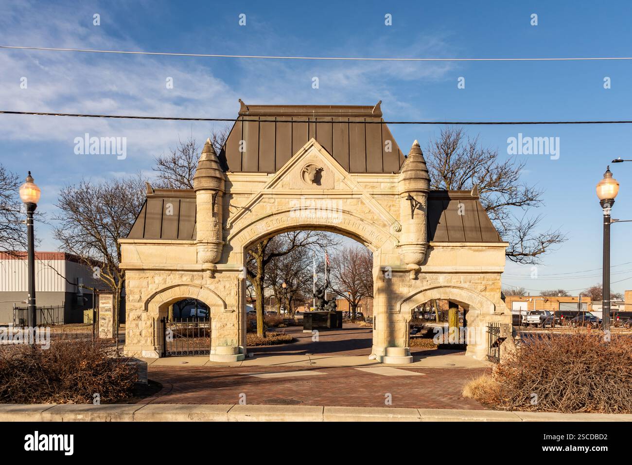 Old stone entrance to the historic union stockyard in what is now known ...