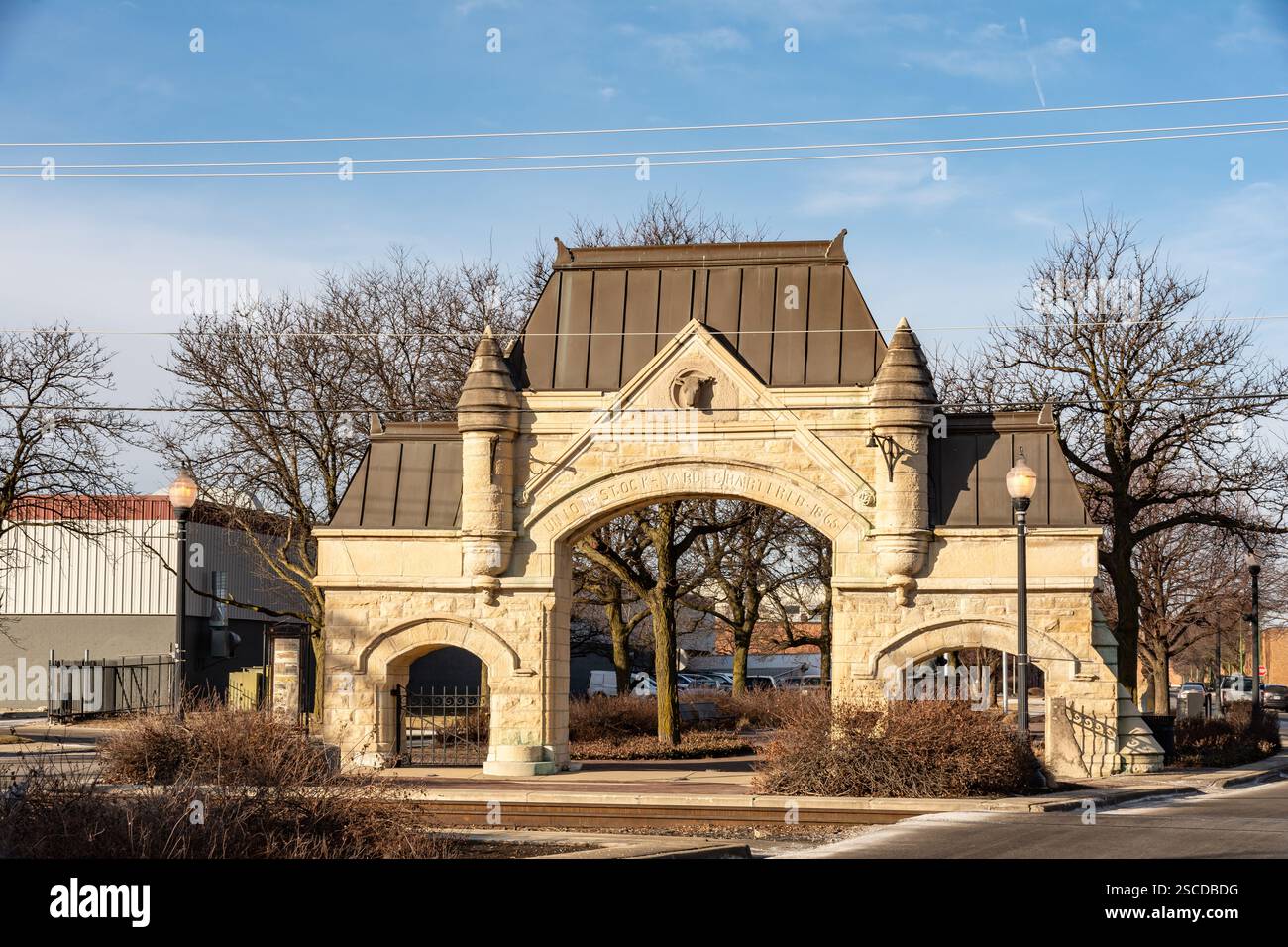 Old stone entrance to the historic union stockyard in what is now known ...