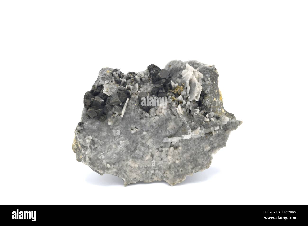 Enargite (black crystals) is a copper arsenic sulfosalt. This sample ...