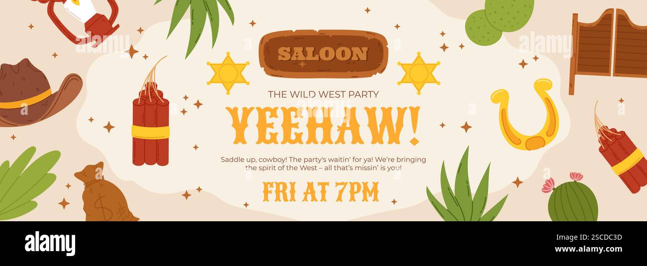 A colorful Wild West party invitation featuring cowboy-themed ...