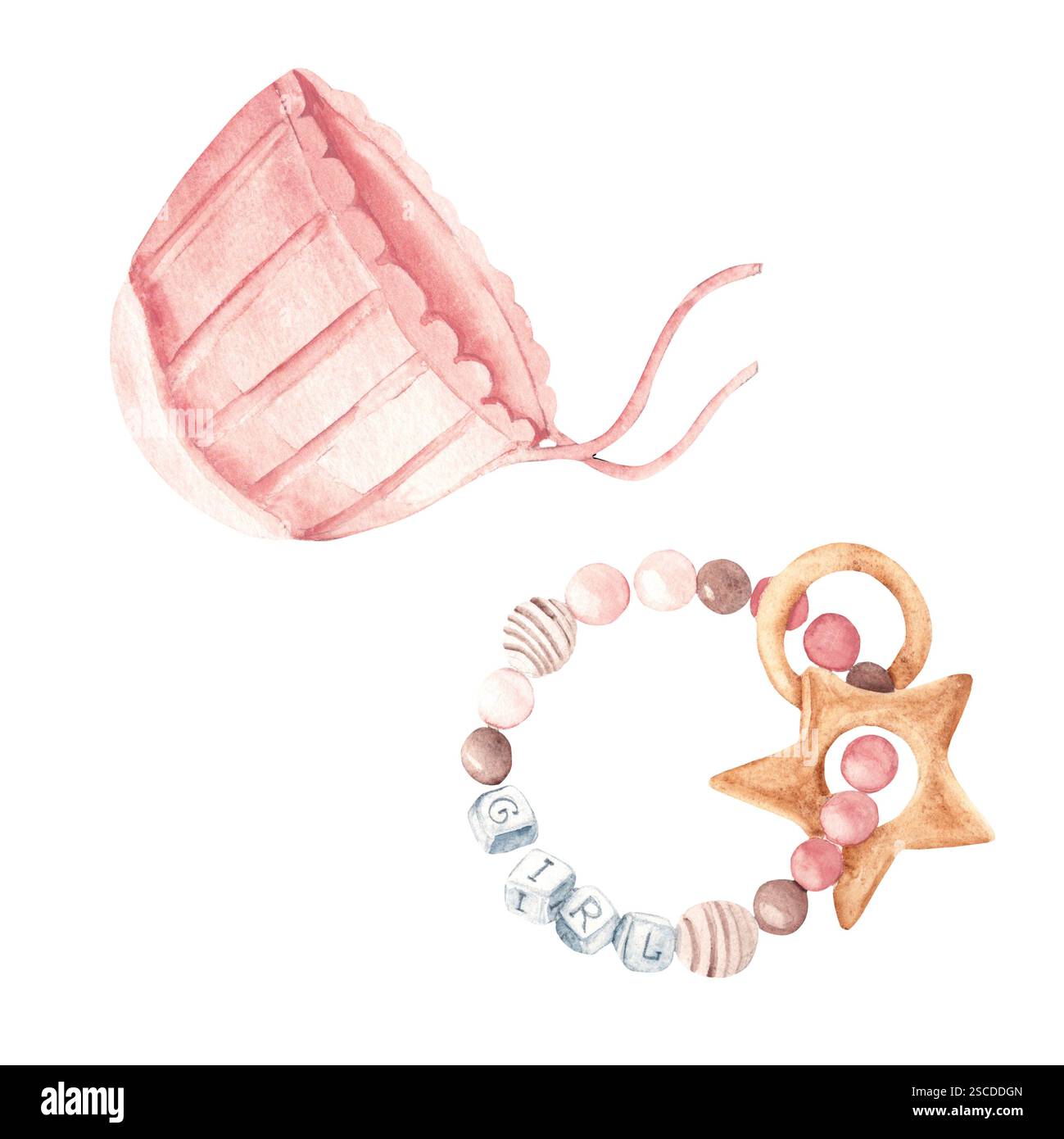 Set of Infant accessories. Baby Girl pink Cap or Bonnet and Teething ...