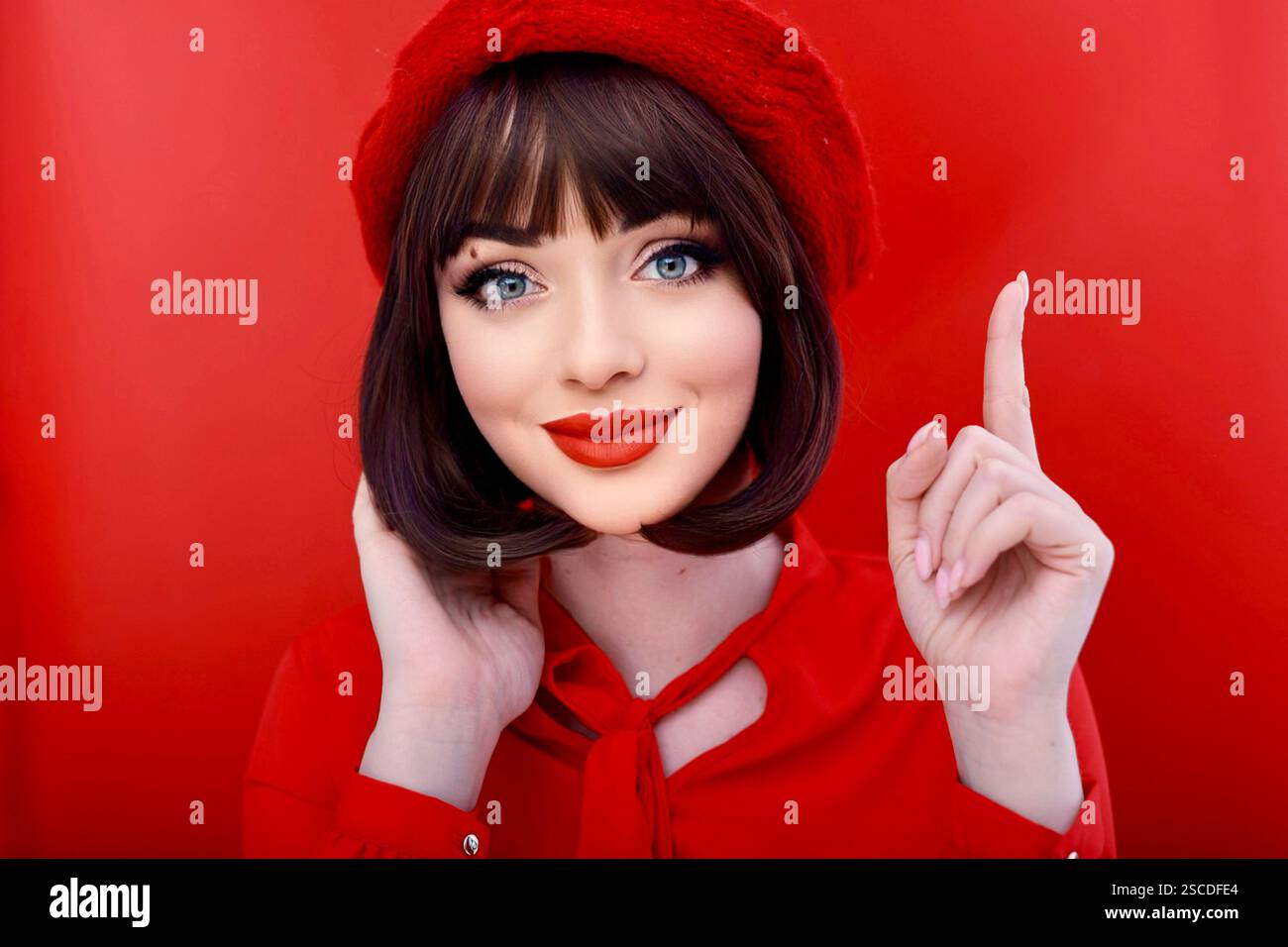 Modern young pink haired shy girl looking aside, feeling embarrassed ...