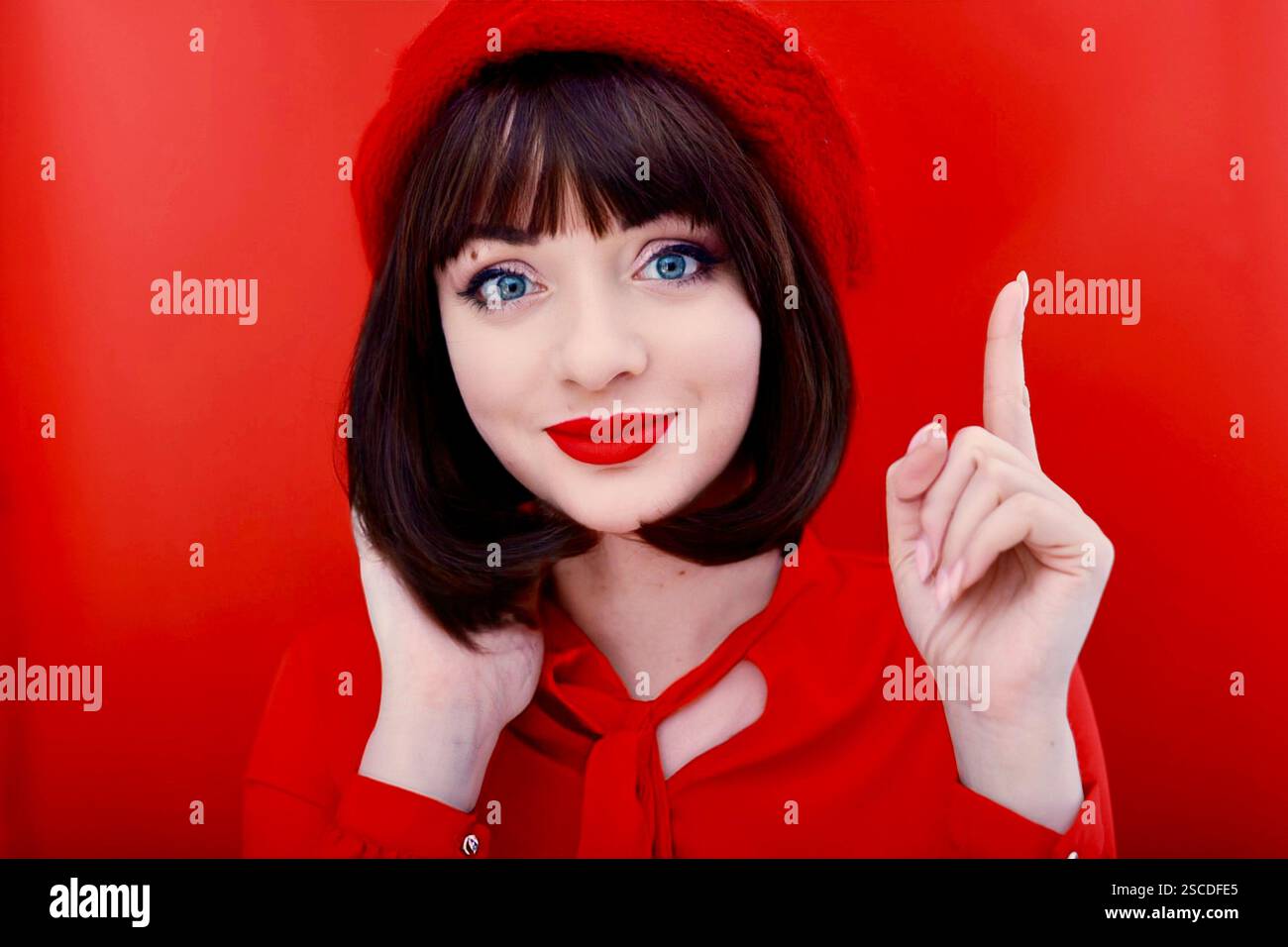 Modern young pink haired shy girl looking aside, feeling embarrassed ...