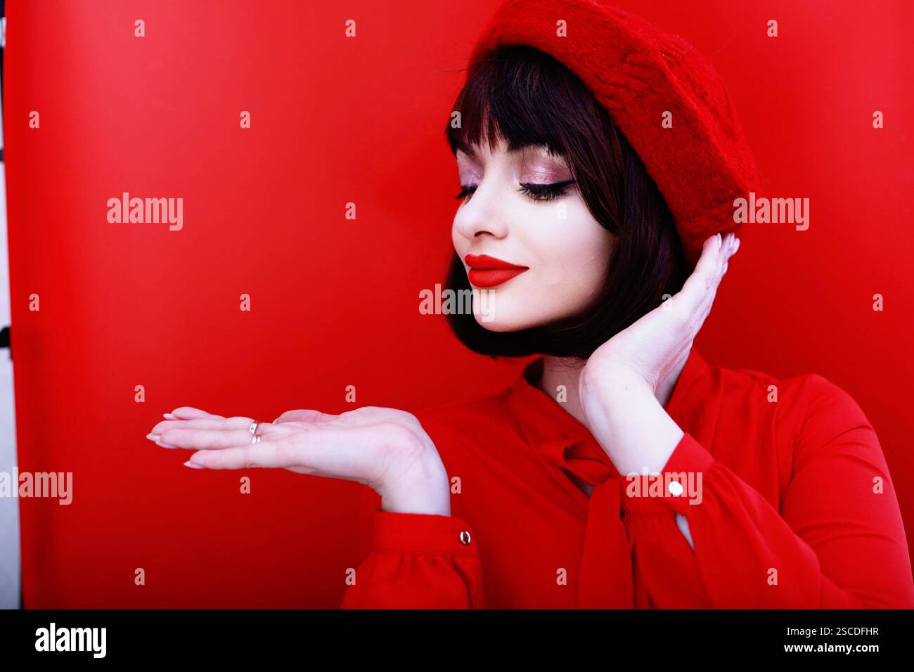 Modern young pink haired shy girl looking aside, feeling embarrassed ...