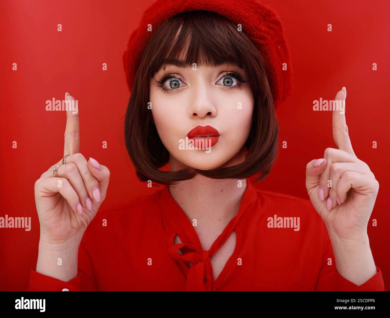 Modern young pink haired shy girl looking aside, feeling embarrassed ...