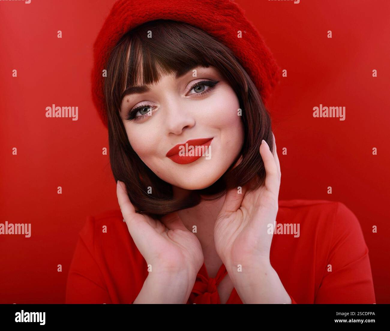 Modern young pink haired shy girl looking aside, feeling embarrassed ...