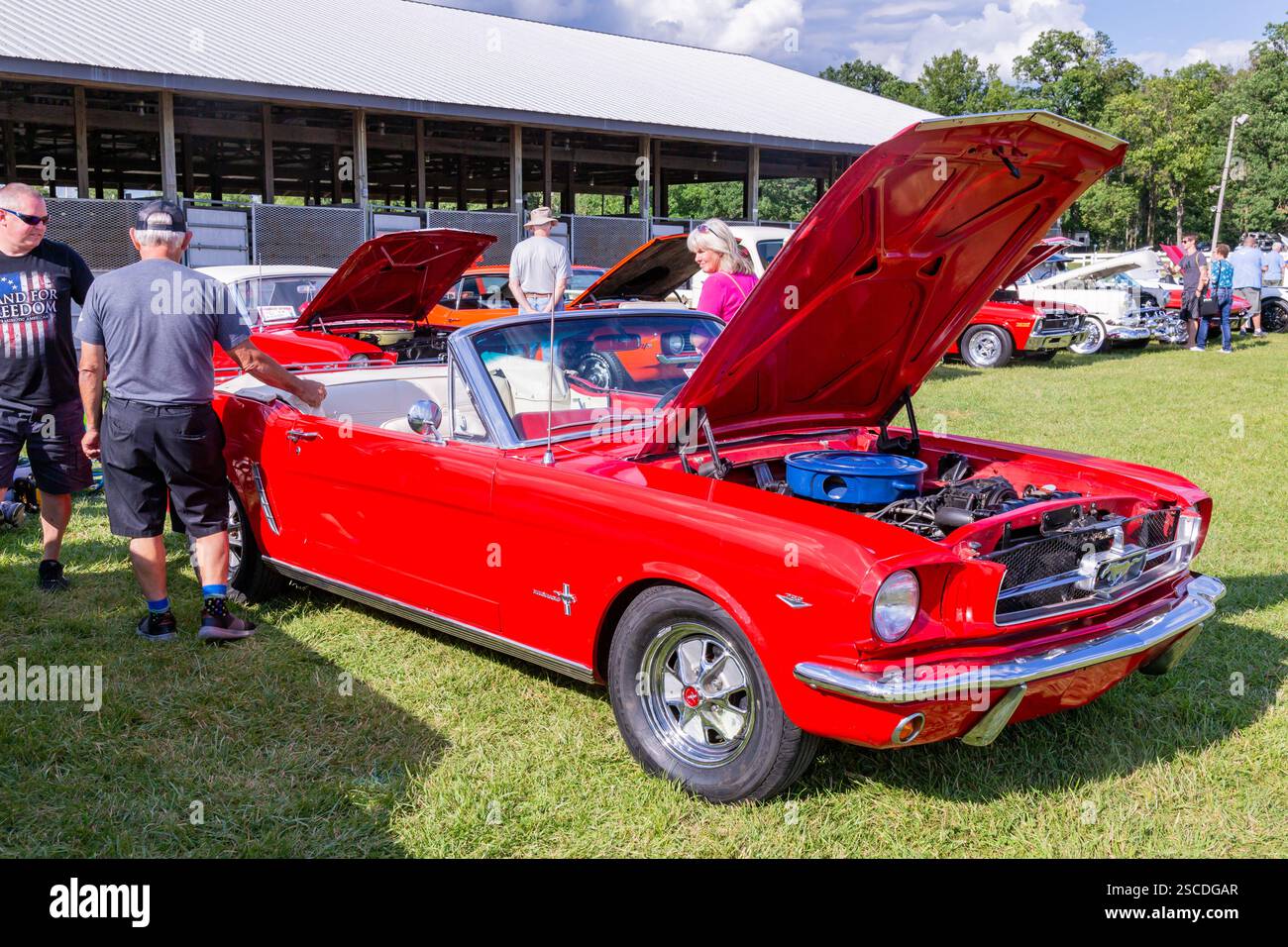 A red 1965 Ford Mustang convertible on display in a car show at the ...