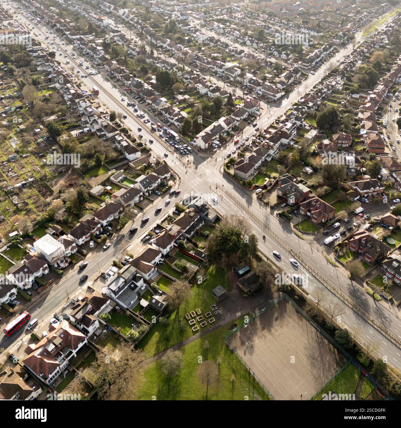 Aerial view of a busy intersection in a residential area of London ...