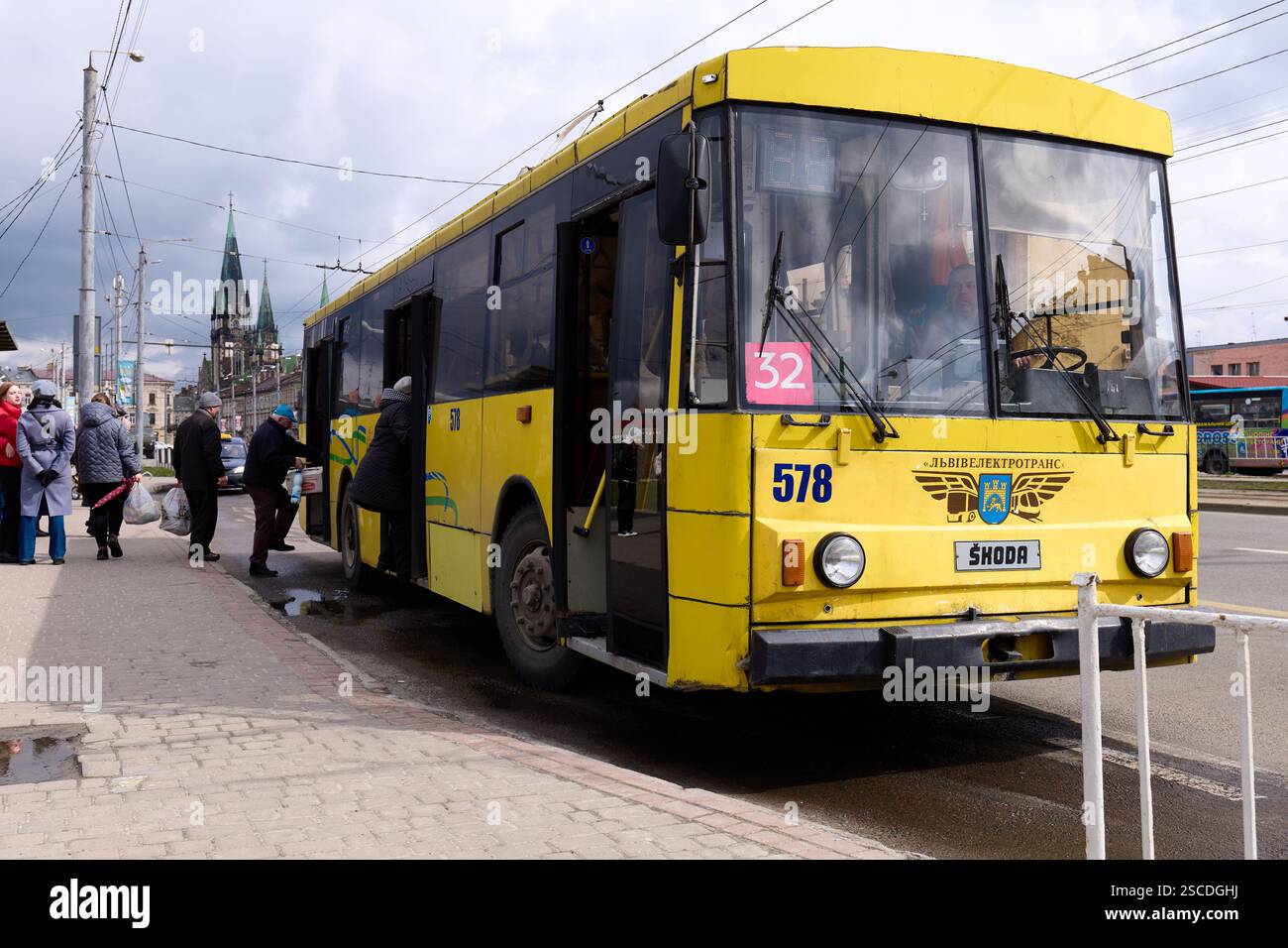 Lviv, Ukraine – 24.03.2024: Skoda 14Tr trolleybus at the Prymiskyi ...