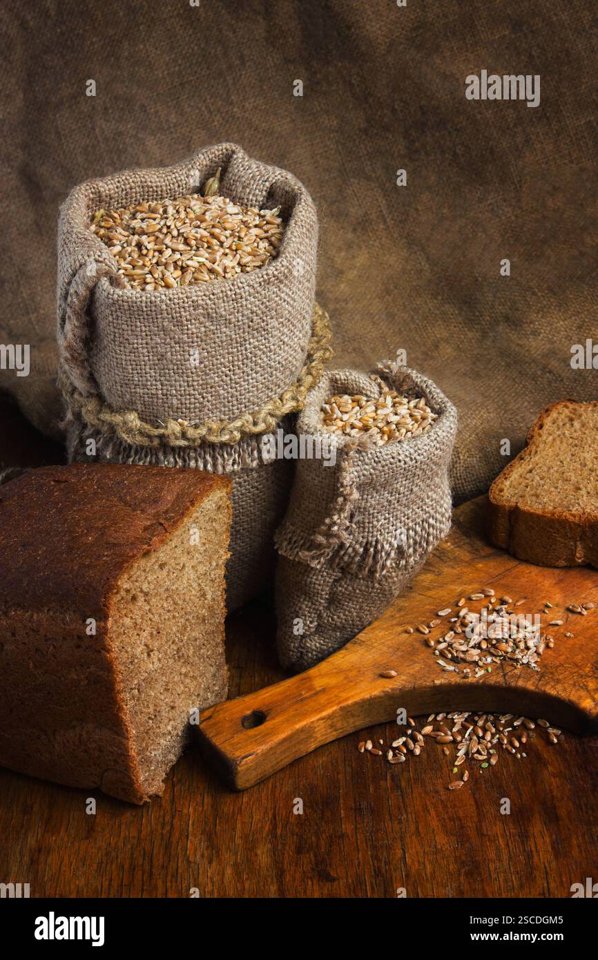 Still Life with a sack of wheat in the bakery Stock Photo - Alamy